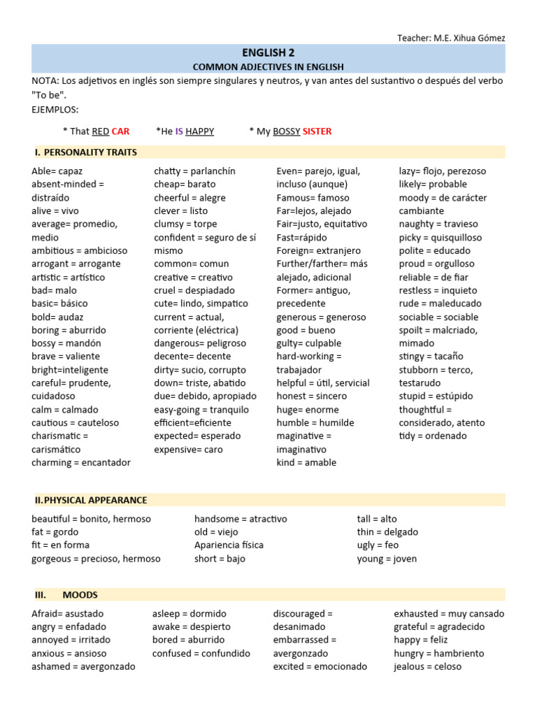 Common English Adjectives List | PDF
