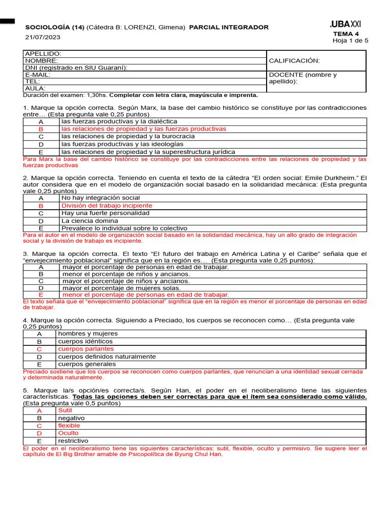 Sociología B - Parcial Integrador CII 2023 GRILLA de CORRECCIÓN Tema 4 | PDF | Sociología | Sociedad