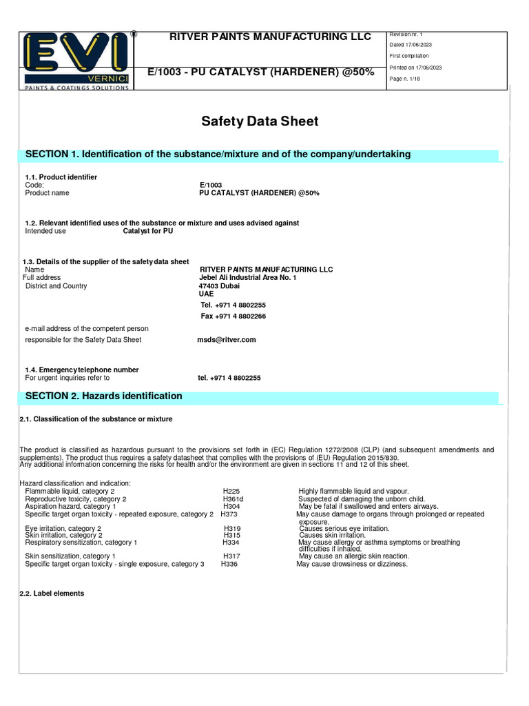EVI - SDS - E1003 - PU Catalyst (Hardener) at 50% | PDF | Allergy ...