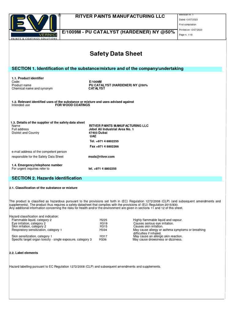 EVI - SDS - E1009M - PU Catalyst (Hardener) Non Yellowing @50% | PDF ...