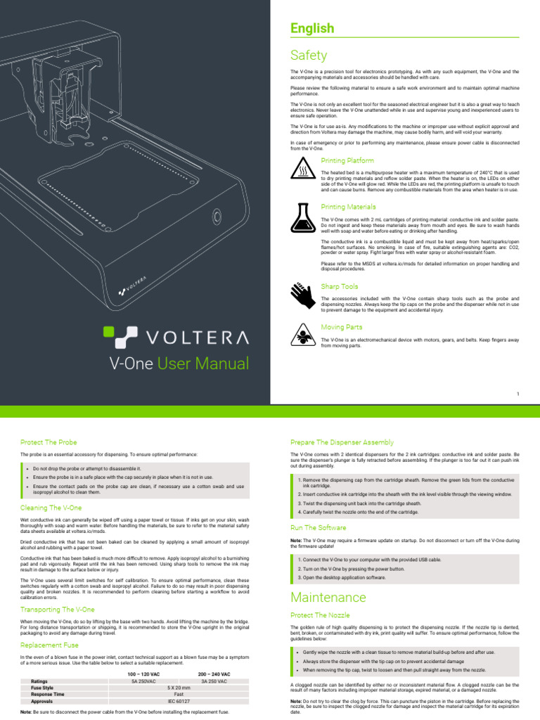 Voltera V-One Manual English | PDF | Printer (Computing) | Fuse (Electrical)