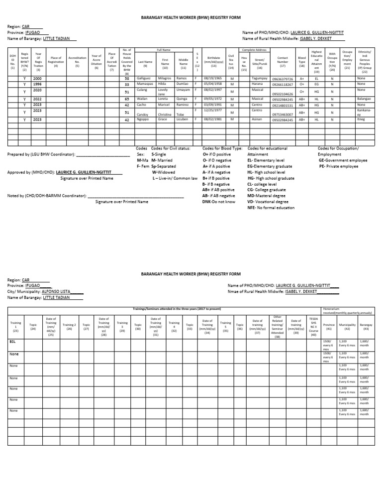 Barangay Health Worker Registry Form | PDF