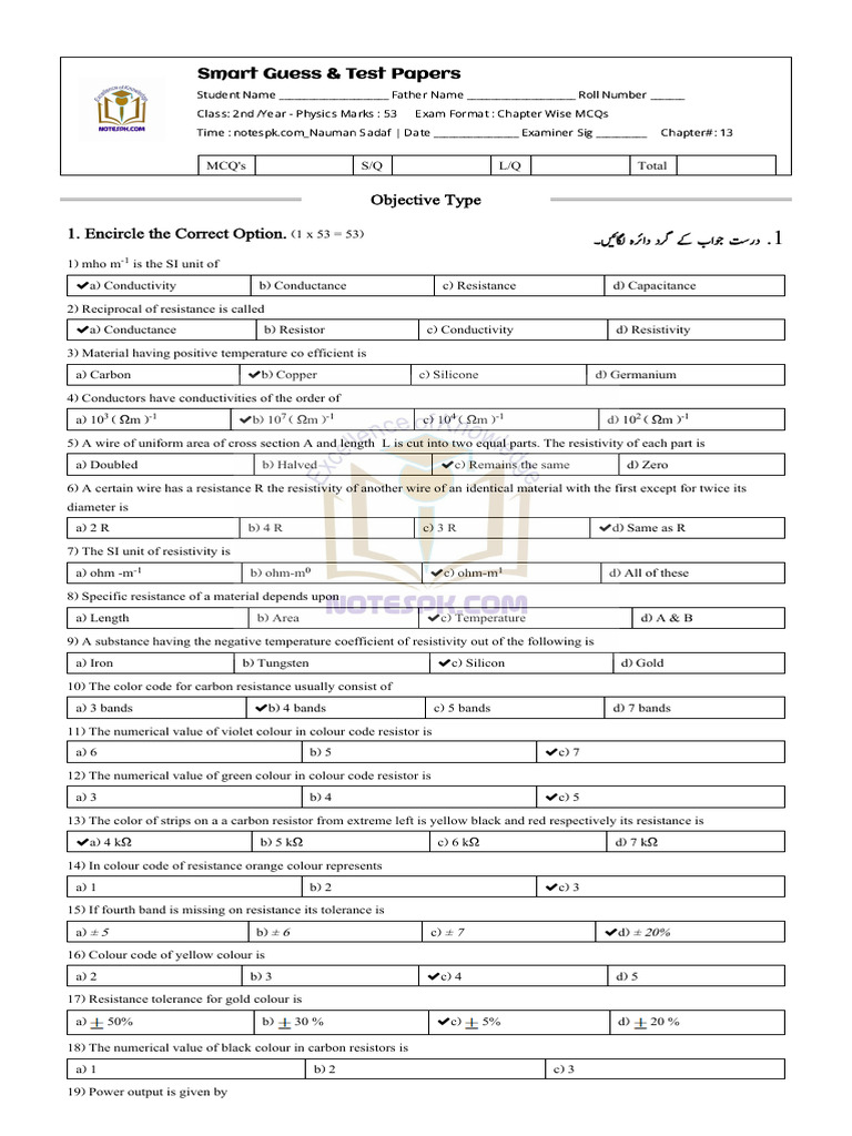 Physics MCQs on Conductivity and Resistance | PDF | Electrical Resistance And Conductance ...