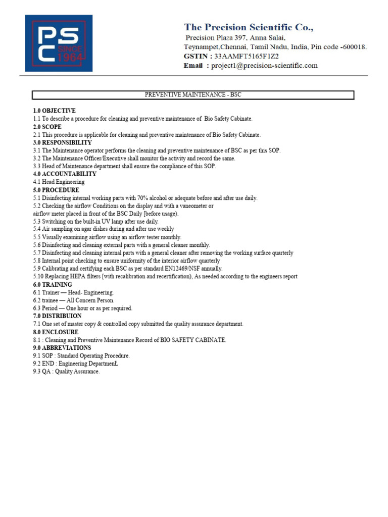 BSC Cleaning and Maintenance SOP | PDF
