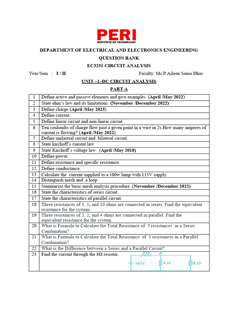Circuit Analysis - I Year ECE - Question Bank | PDF | Electrical ...