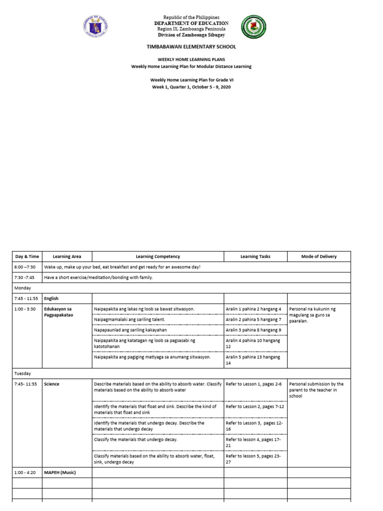 Weekly Home Learning Plans | PDF | Learning | Change