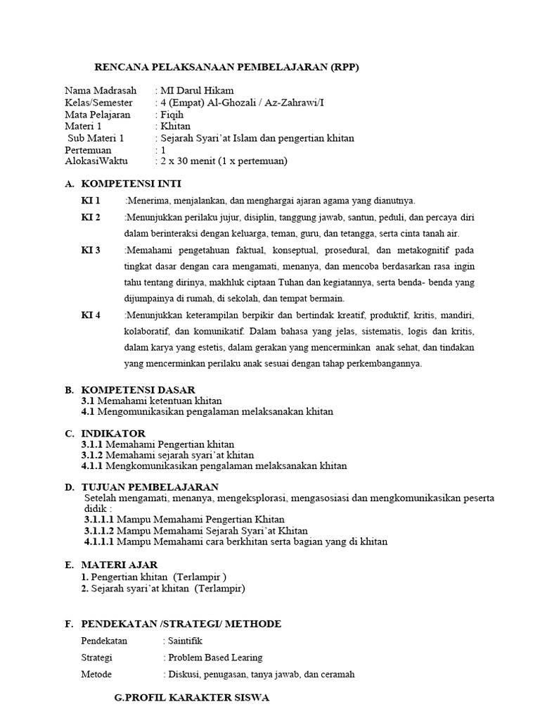 RPP Fiqih Kelas 4 Pem 1 Sem 1 | PDF