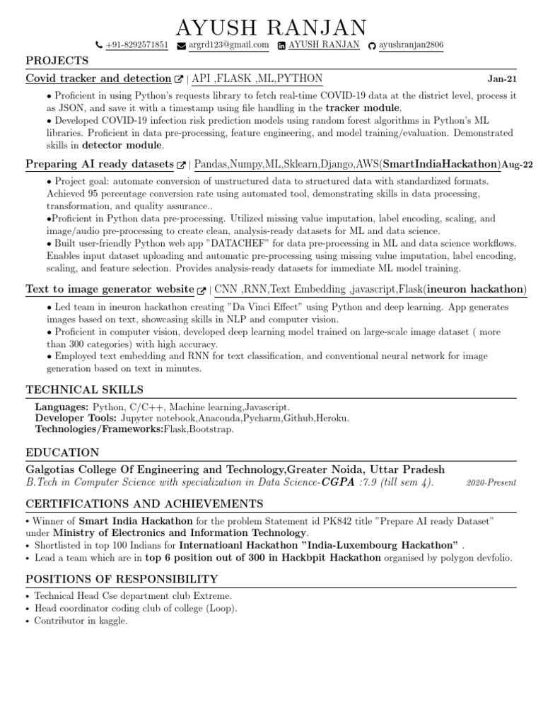 Ayush Ranjan Resume | PDF | Machine Learning | Python (Programming Language)