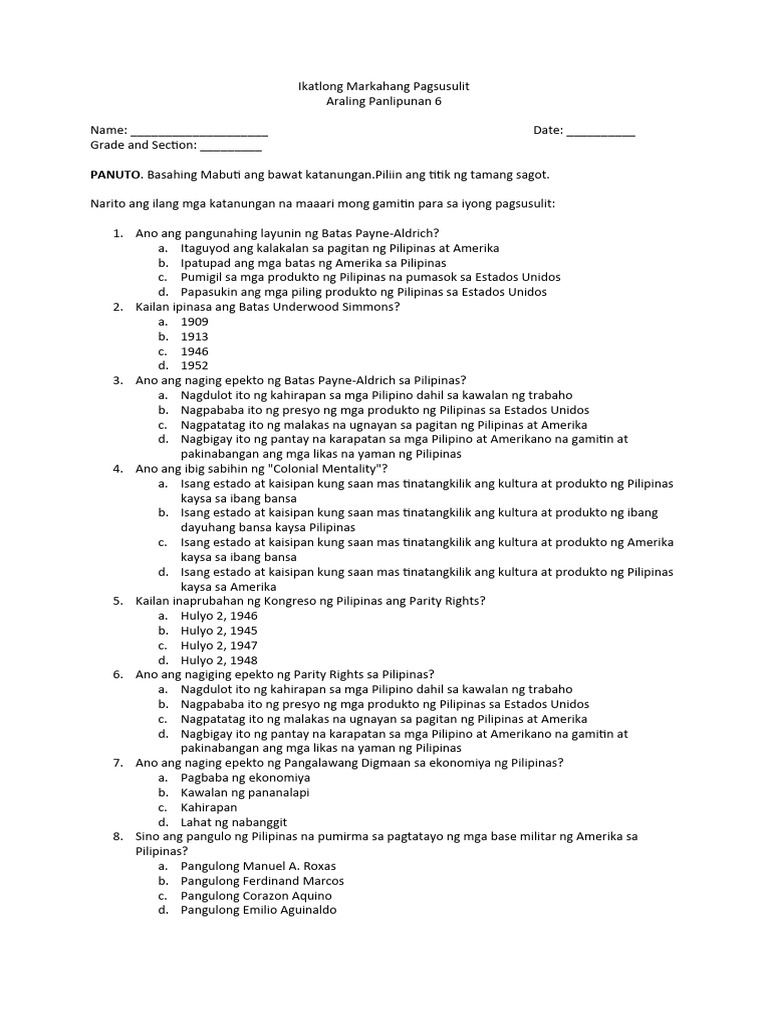 Ikatlong Markahang Pagsusulit (Ap) | PDF