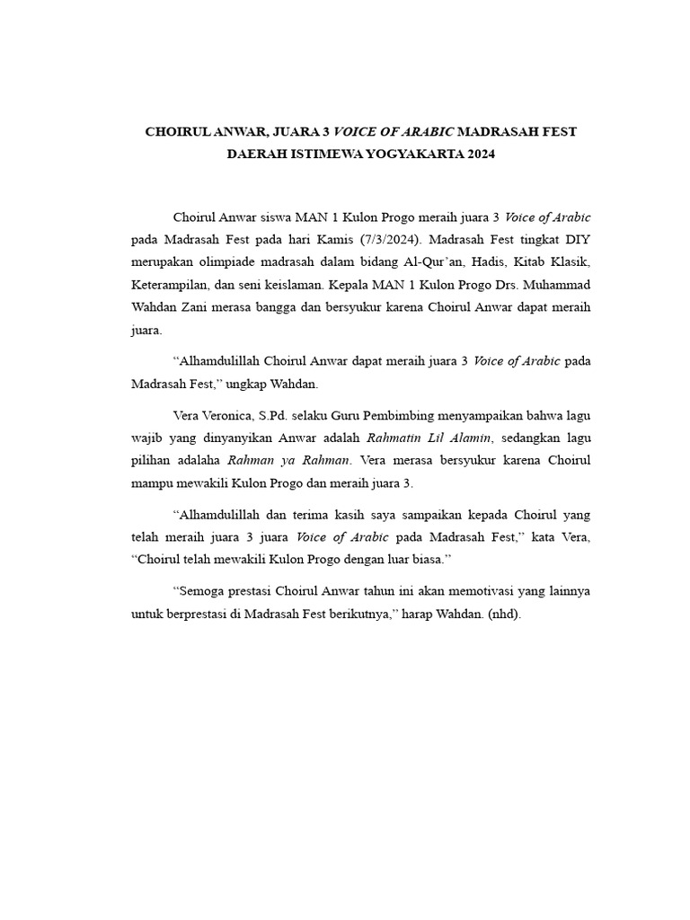 Choirul Anwar, Juara 3 Voice of Arabic Madrasah Fest Diy 2024 | PDF