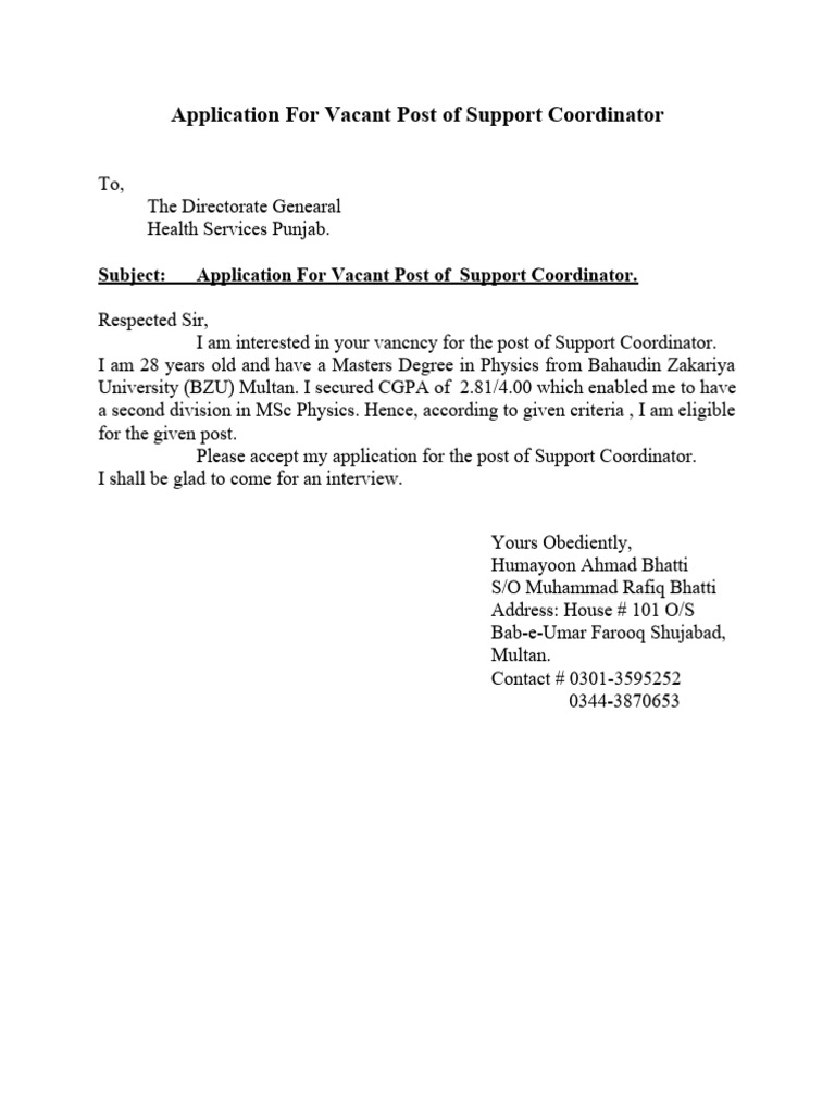 Application For Vacant Post of Support Coordinator | PDF