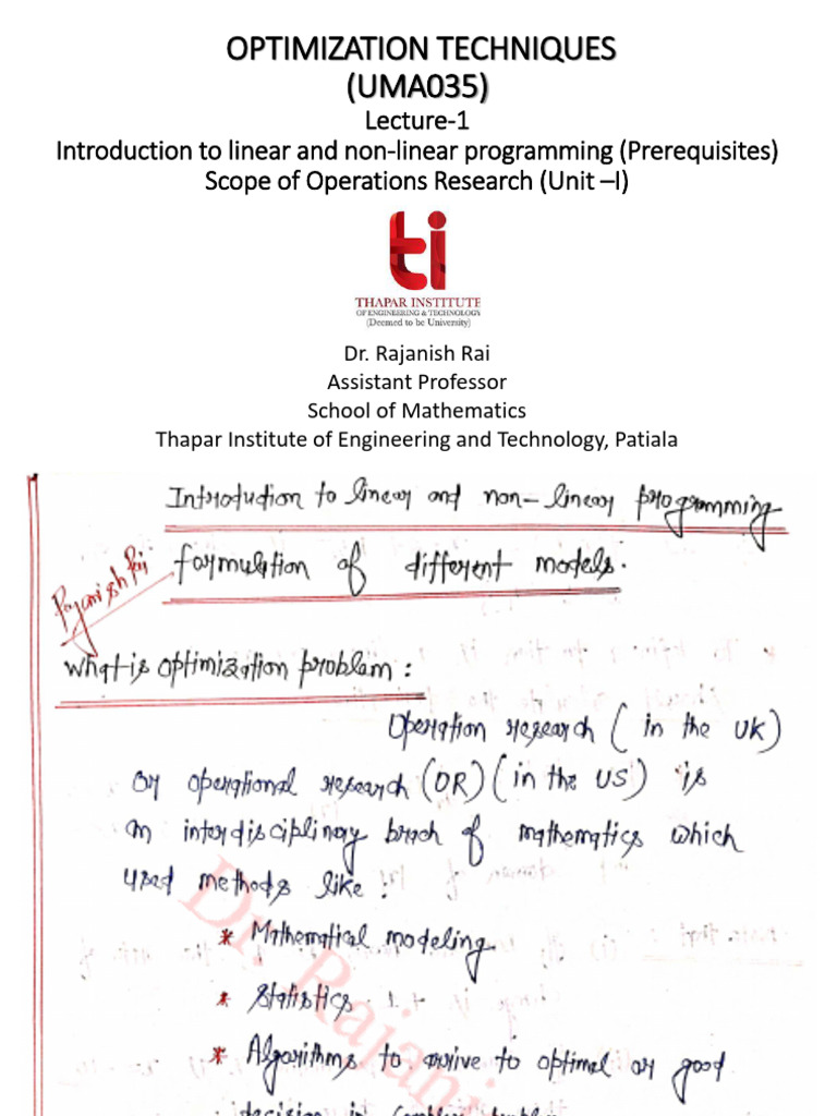 1 Lecture 1 Introduction To Linear And Non Linear Programming