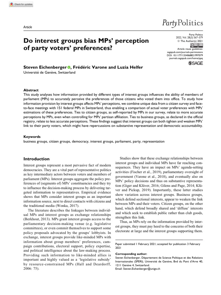 Eichenberger Et Al 2021 Do Interest Groups Bias Mps Perception of Party Voters Preferences | PDF ...