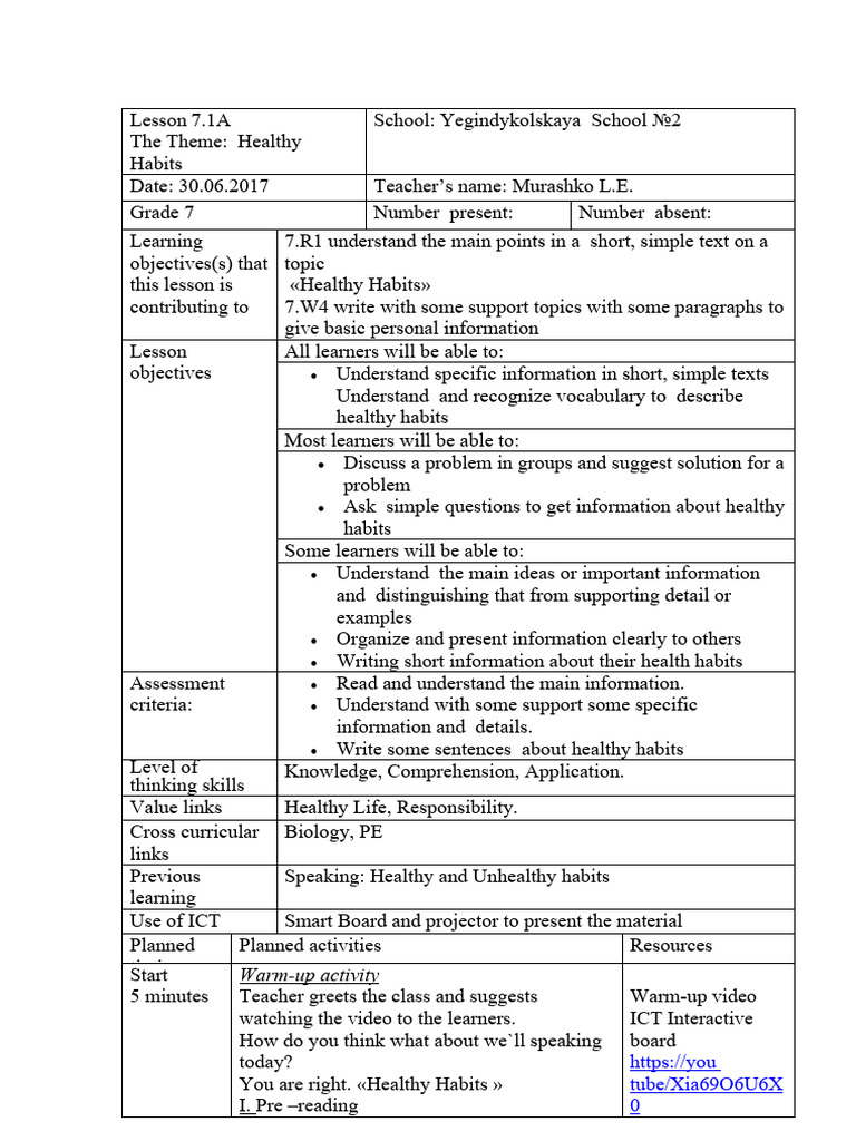 Healthy Habits Lesson Plan for Grade 7 | PDF | Learning | Educational ...