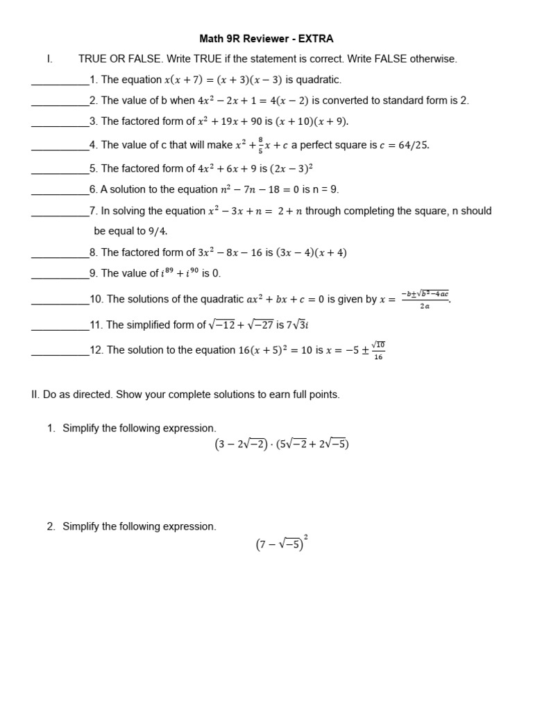 Math 9R Reviewer - Extra | PDF