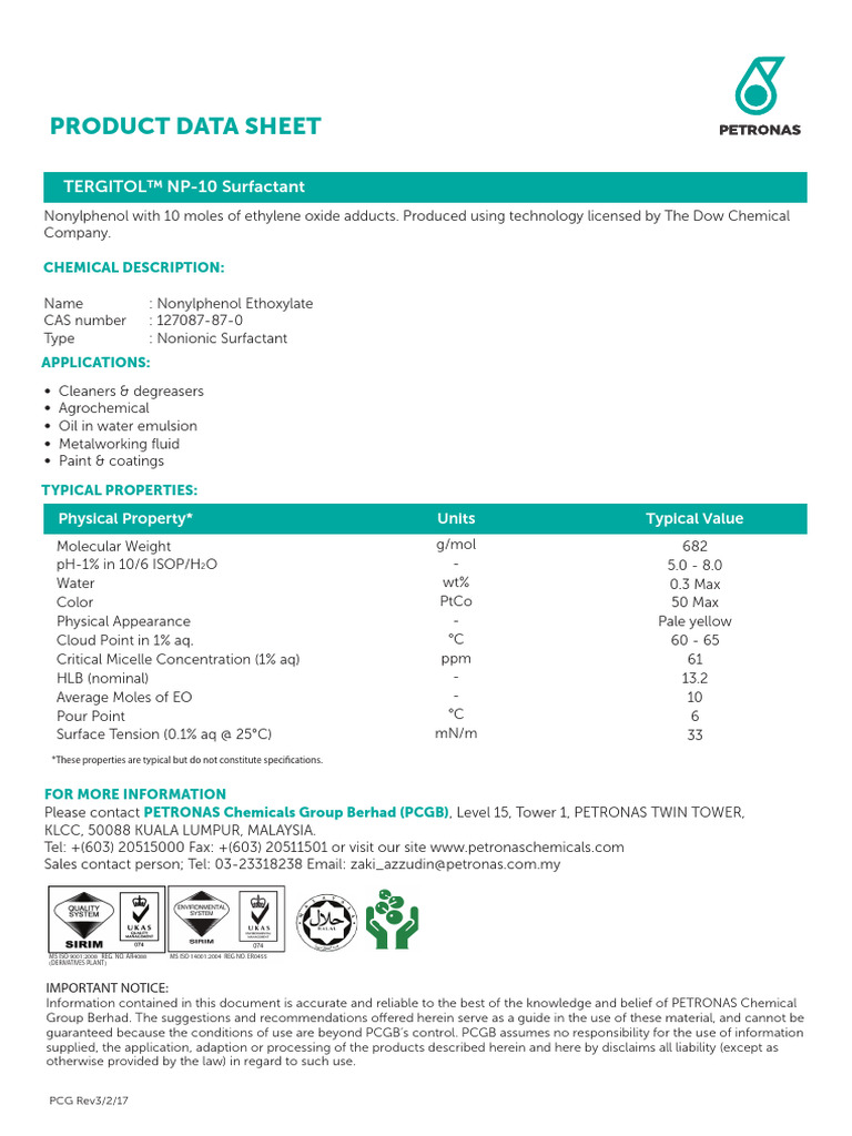 Tergitol NP-10 Petronas | Download Free PDF | Chemical Substances ...