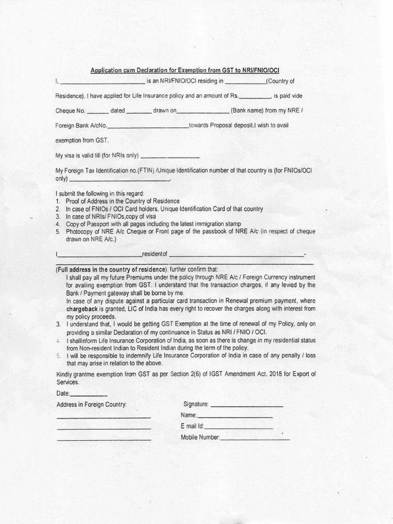 Application Cum Declaration for Exemption From GST to NRI | PDF