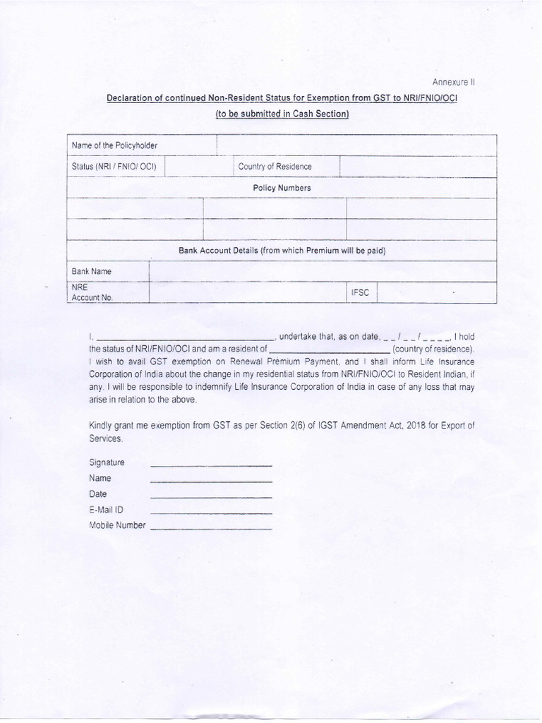 Declaration of Continued Non-Resident Status For Exemption From GST To NRI | PDF