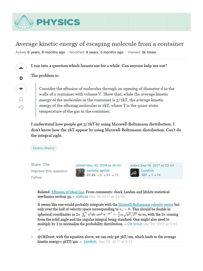 Average Kinetic Energy of Escaping Molecule From a Container - Physics Stack Exchange | PDF ...
