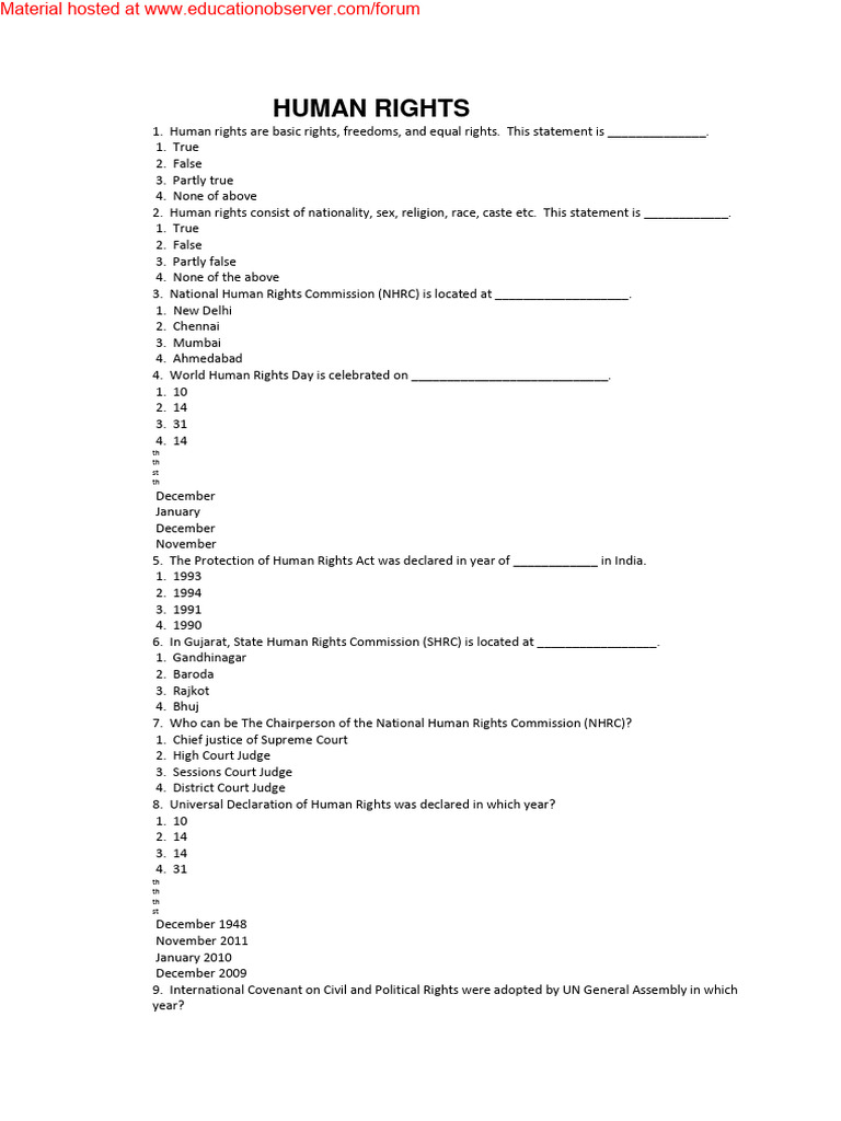 Human Rights Quiz for Students | PDF | International Law | Human Rights