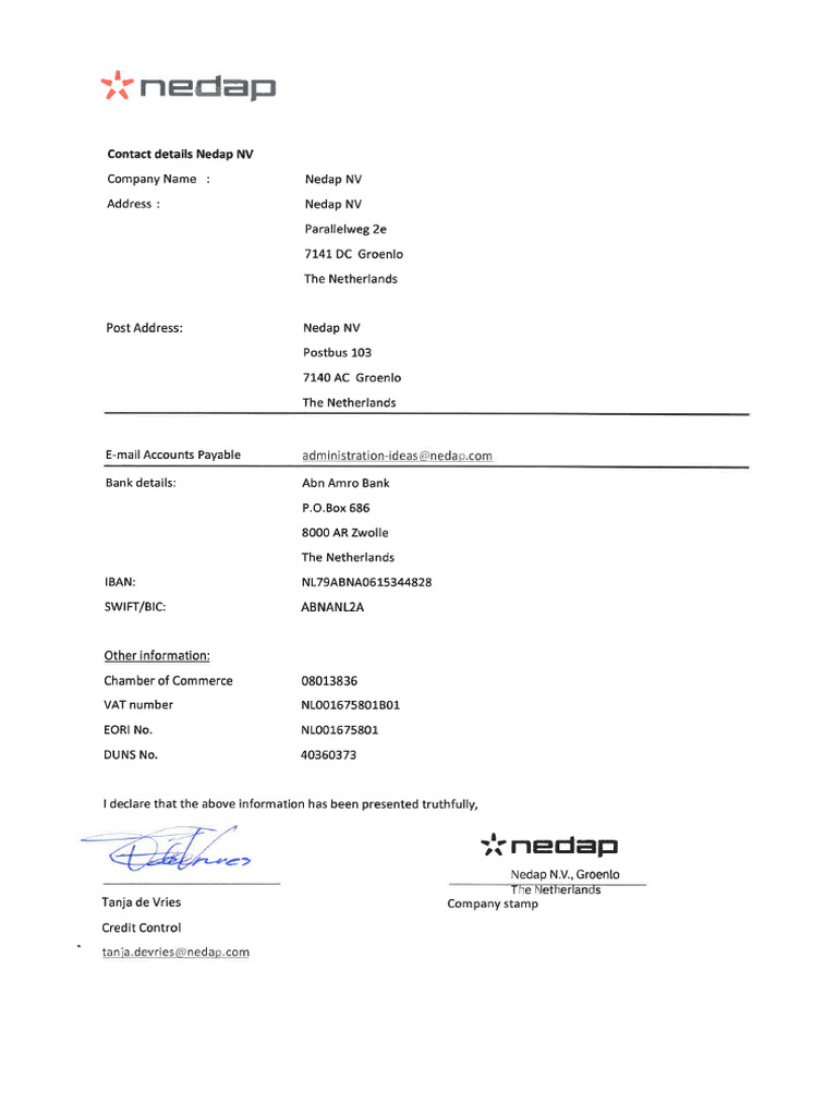 Bank Details Nedap NV - Signed | PDF