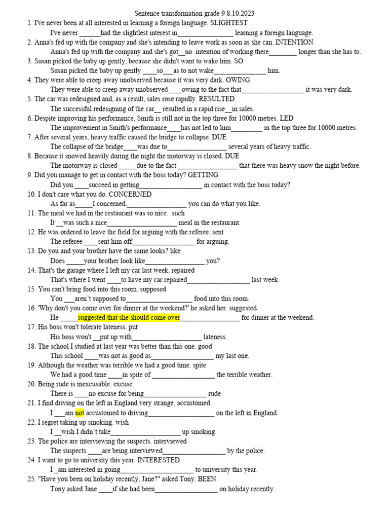 Grade 9 Sentence Transformation Exercises | PDF