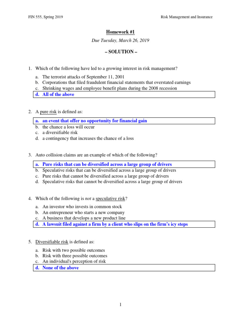 FIN555 Homework 1 SP19 Solution | PDF | Risk | Risk Management