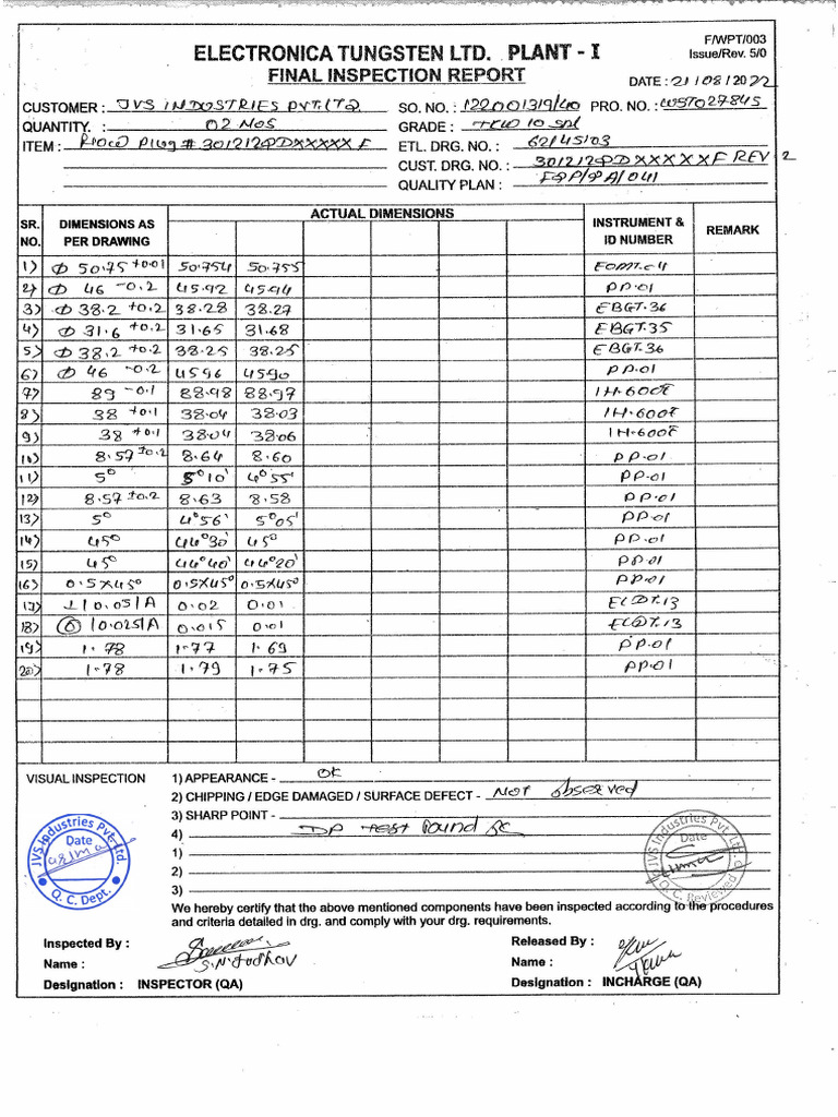 AAR 008 1a)Flow plug vendor inspection report | PDF