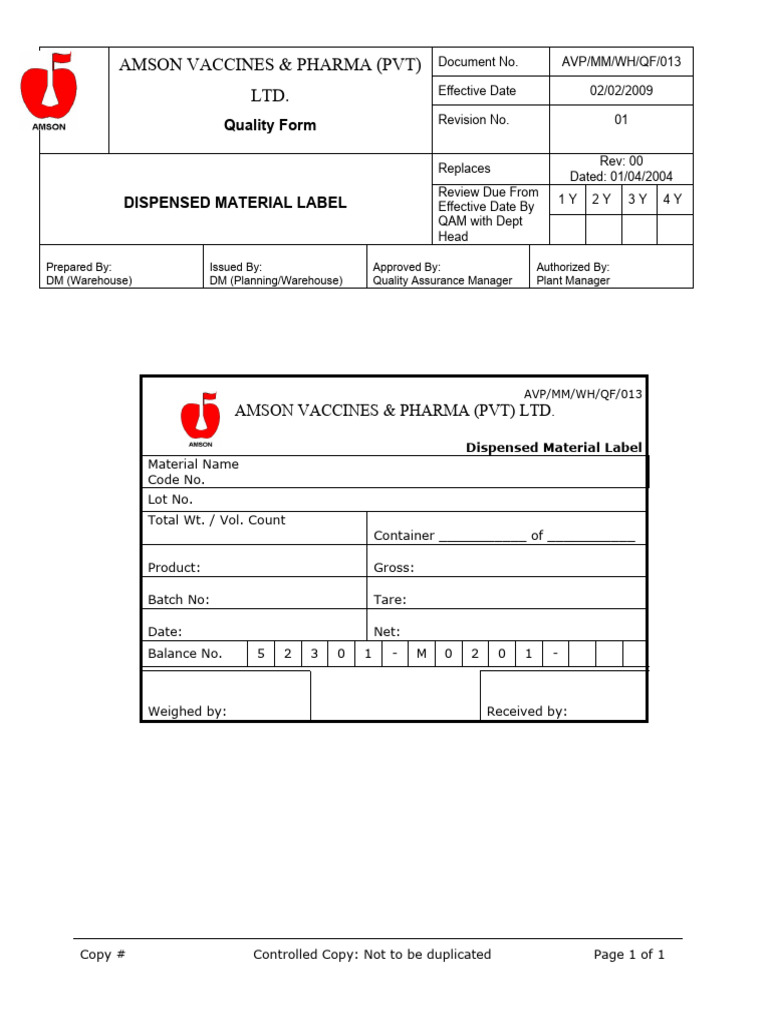 AVP-MM-WH-QF-013 - Dispensed Material Label (Tempelate) - 01 | PDF
