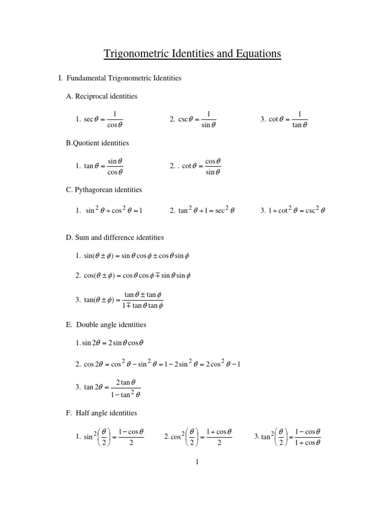 Trigonometric Identities And Equations Pdf Trigonometric Functions Mathematical Concepts