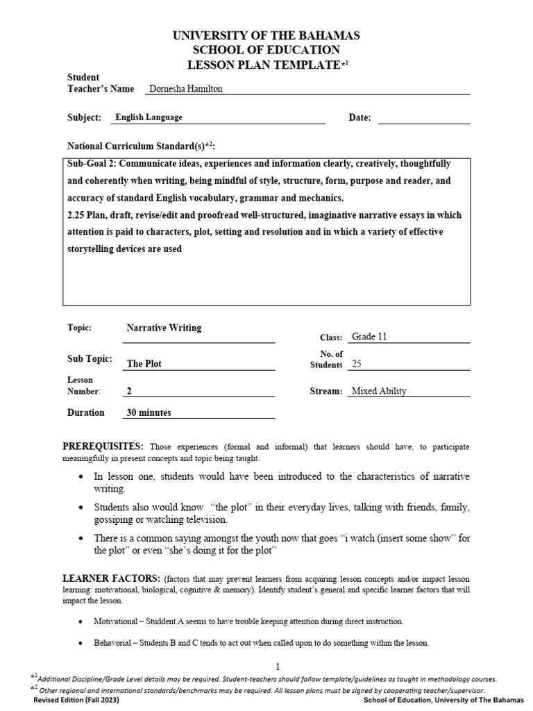 Narrative Writing - The Plot - Lesson Plan | PDF | Lesson Plan | Cognition