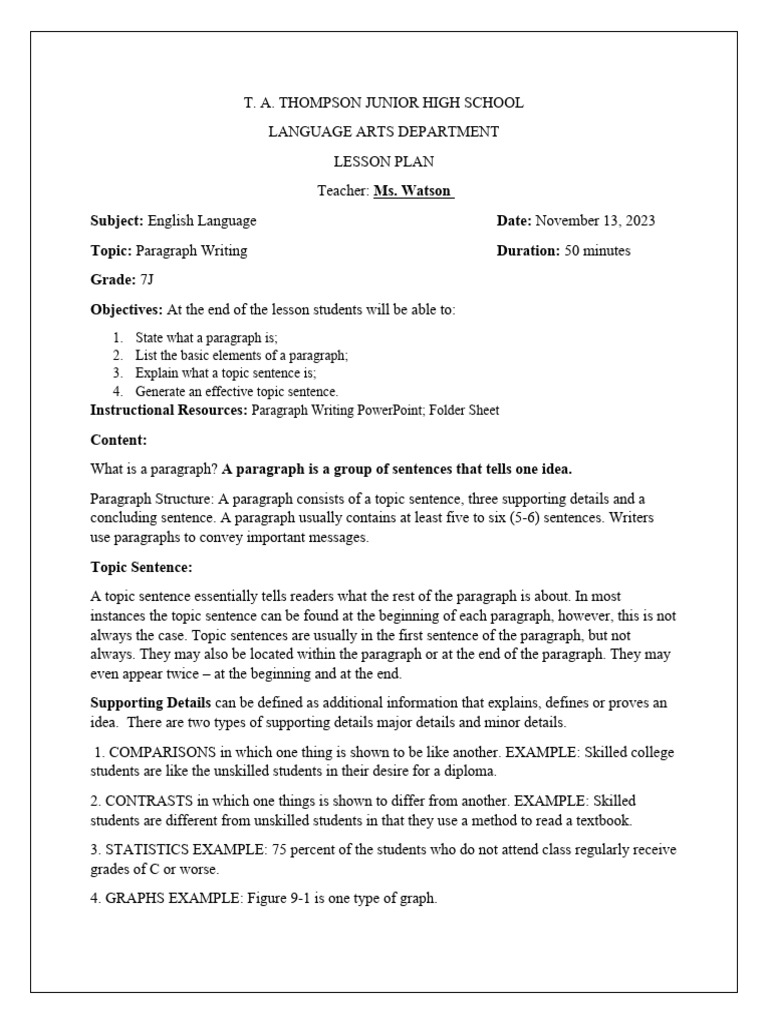 Paragraph Writing Lesson Plan Nov 13 | Download Free PDF | Paragraph ...