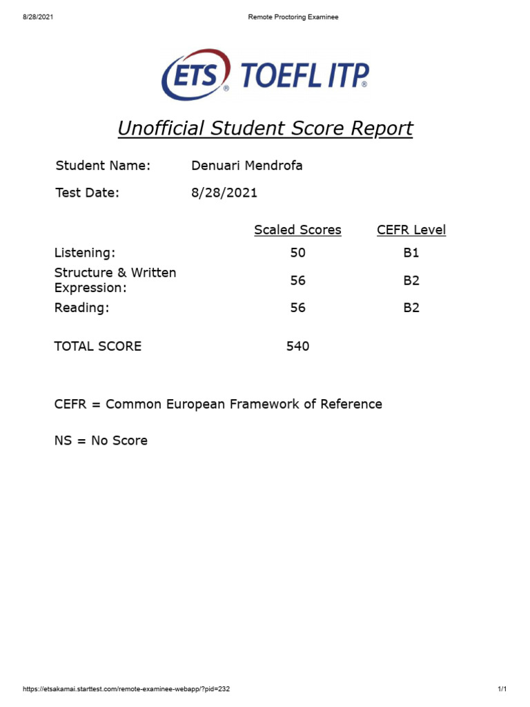 Unofficial TOEFL ITP Score Report | PDF