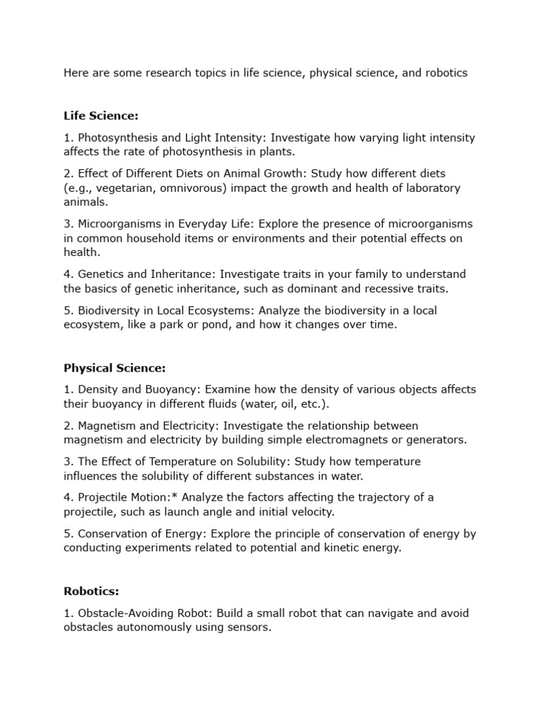 RESEARCH TOPICS Life Science. Physical Sccience Robotics | PDF ...