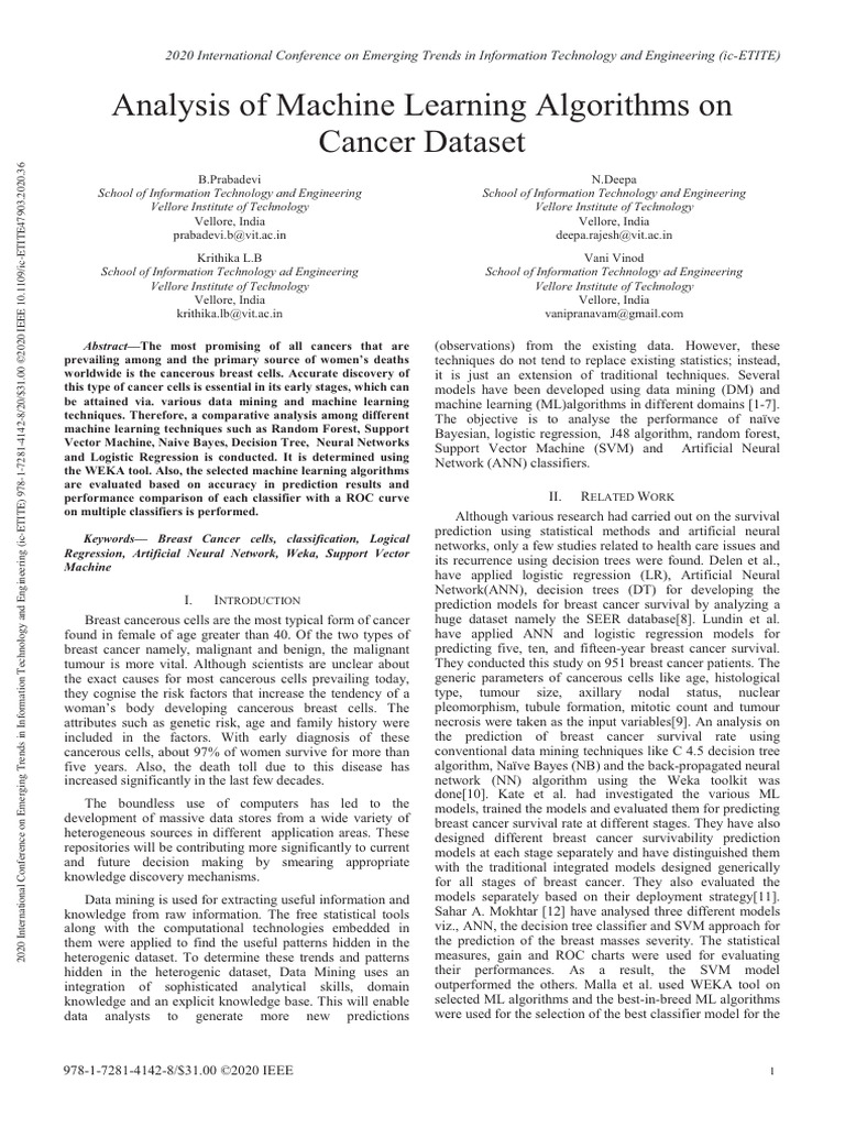 Analysis of Machine Learning Algorithms On Cancer Dataset | PDF | Machine Learning | Statistical ...