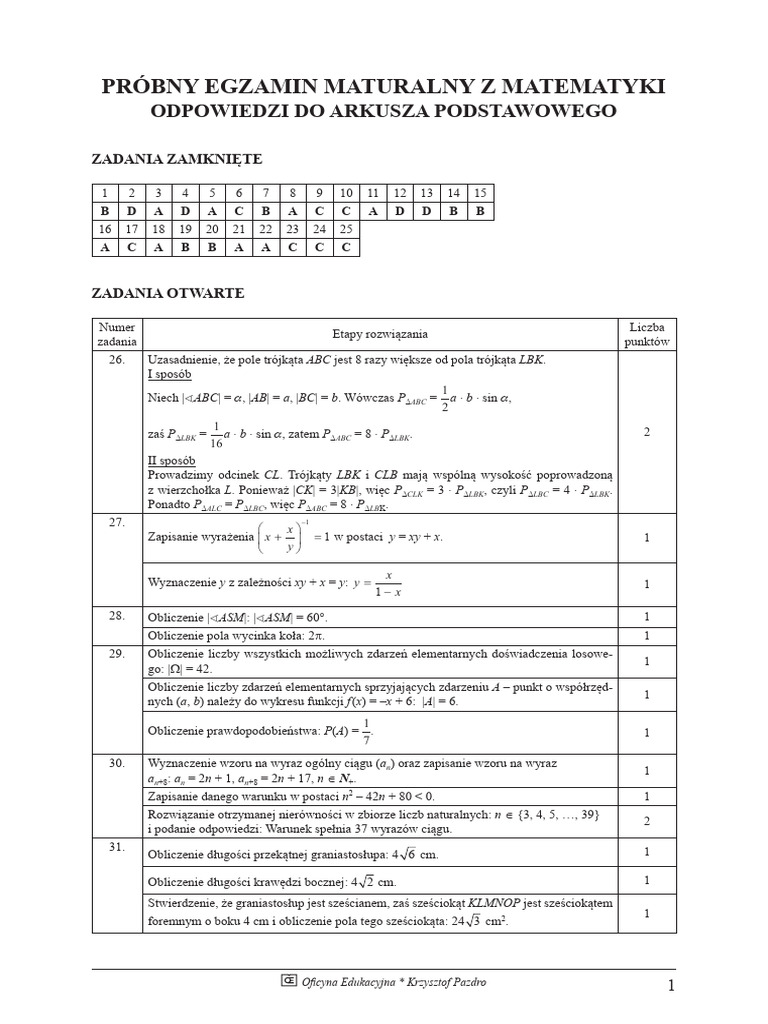 Próbny Egzamin Maturalny Z Matematyki Odpowiedzi Do Arkusza