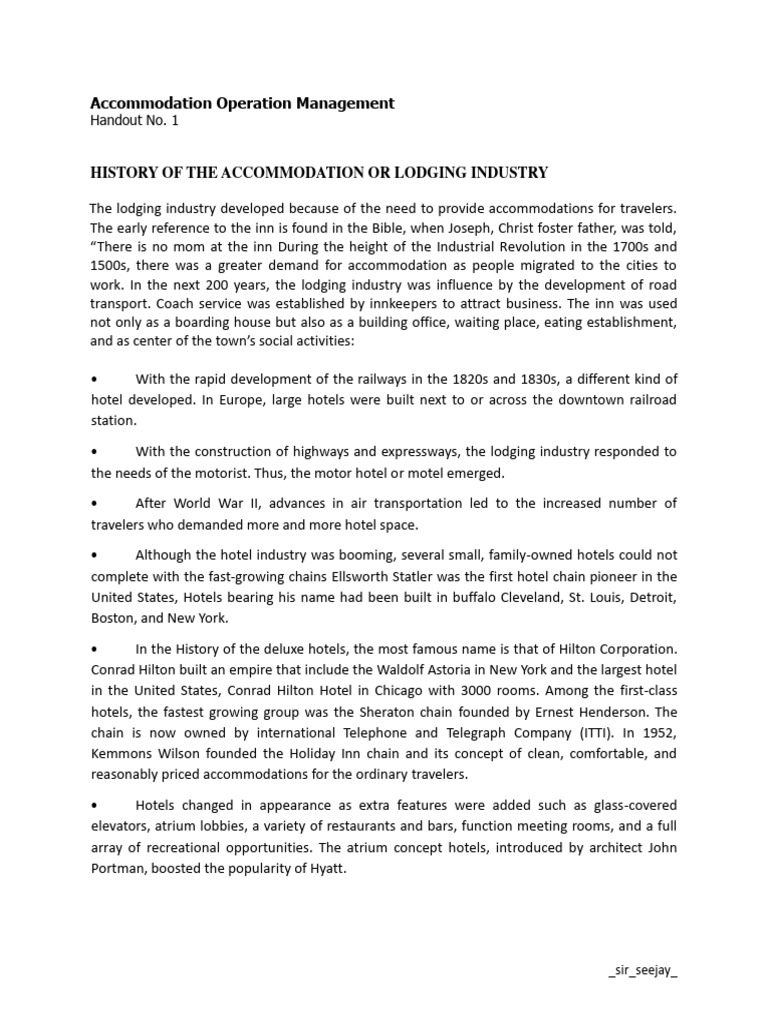 Accommodation Operation Management for Handout No. 1 | PDF ...