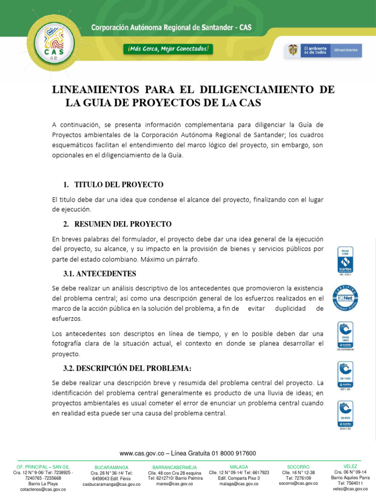 LINEAMIENTOS PARA DILIGENCIAR LA Guía para Formulación de Proyectos de La CAS. | PDF | Residuos ...