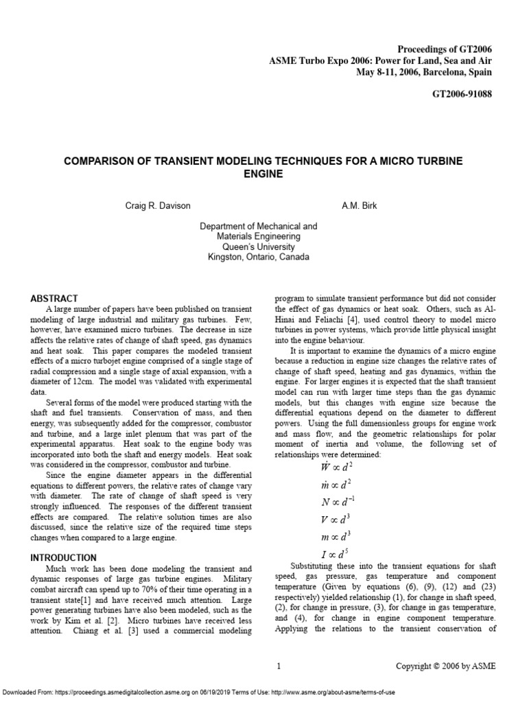 Comparison Of Transient Modeling Techniques For A Micro Turbine Engine Pdf Fluid Dynamics