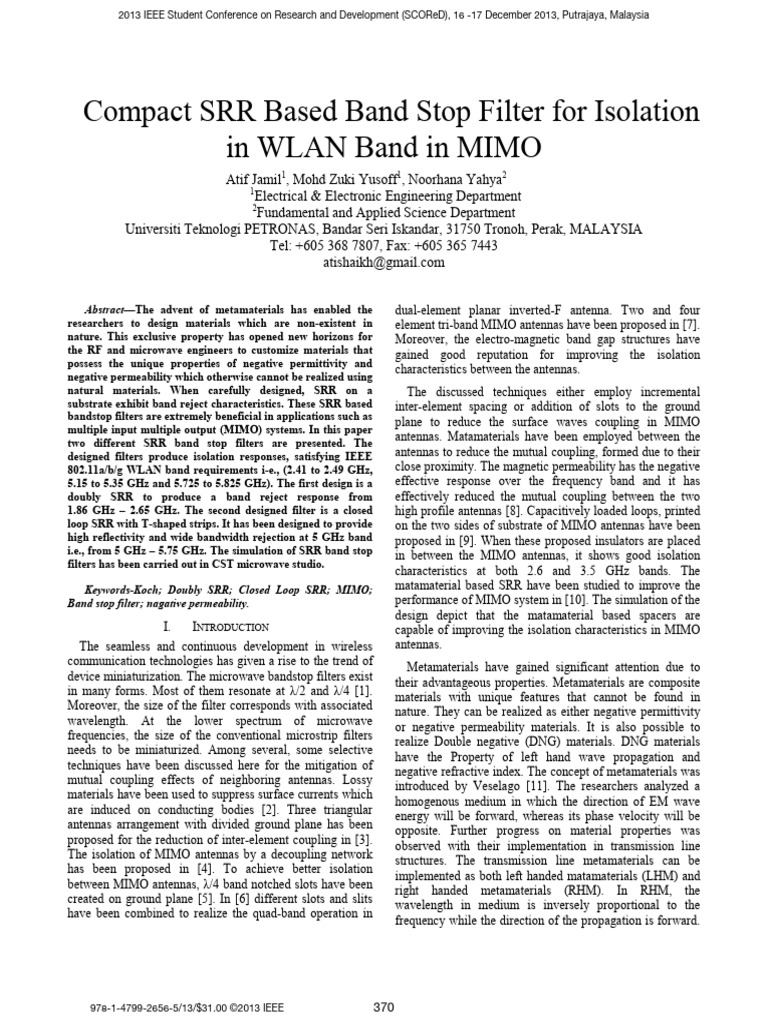 Compact SRR Based Band Stop Filter For Isolation | PDF | Metamaterial | Radio Technology