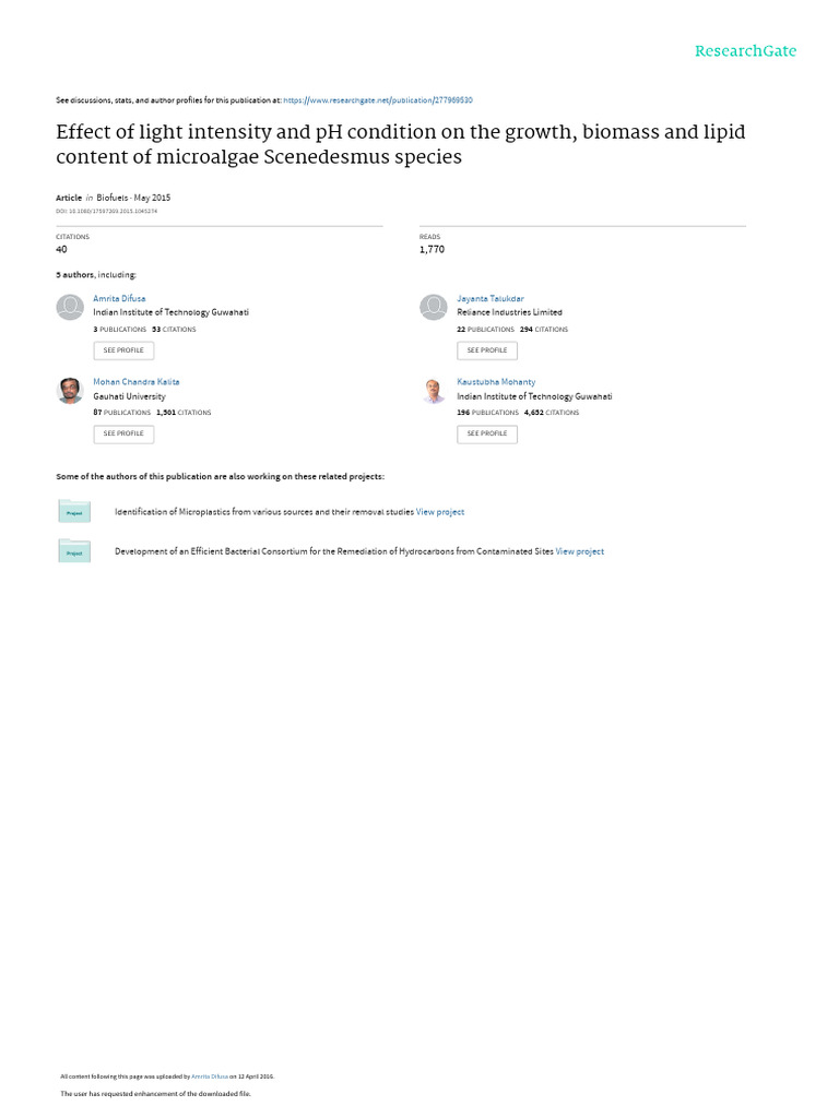 Effect of Light Intensity and PH Condition On The Growth Biomass and Lipid Content of Microalgae ...