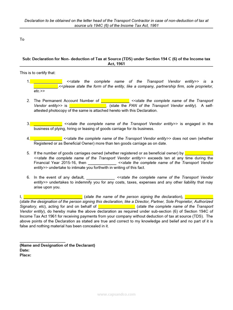 TDS Declaration From Transporter For 194C | PDF | Public Finance | Taxation