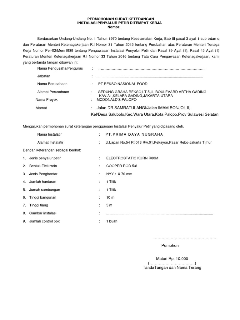Form Permohonan Ijin K-3 Petir (MCD Palopo) .R-001 | PDF | Griya ...