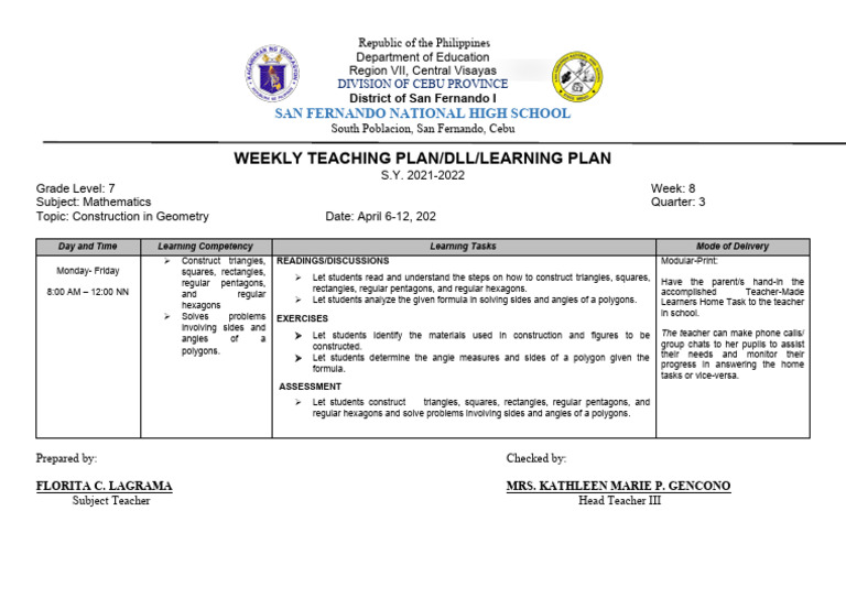 Q3-WEEK 8-Weekly-Teaching-Plan | Download Free PDF | Polygon | Triangle