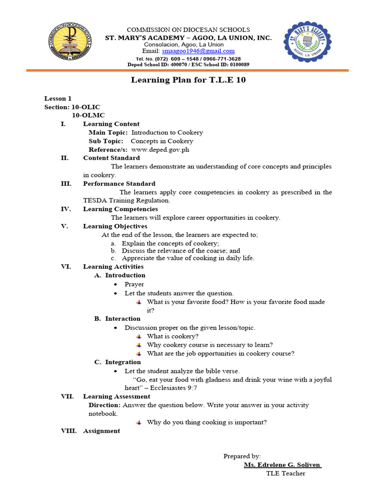 TLE 10 LP Lesson 1 Part 1 Q1 | PDF | Learning | Teaching