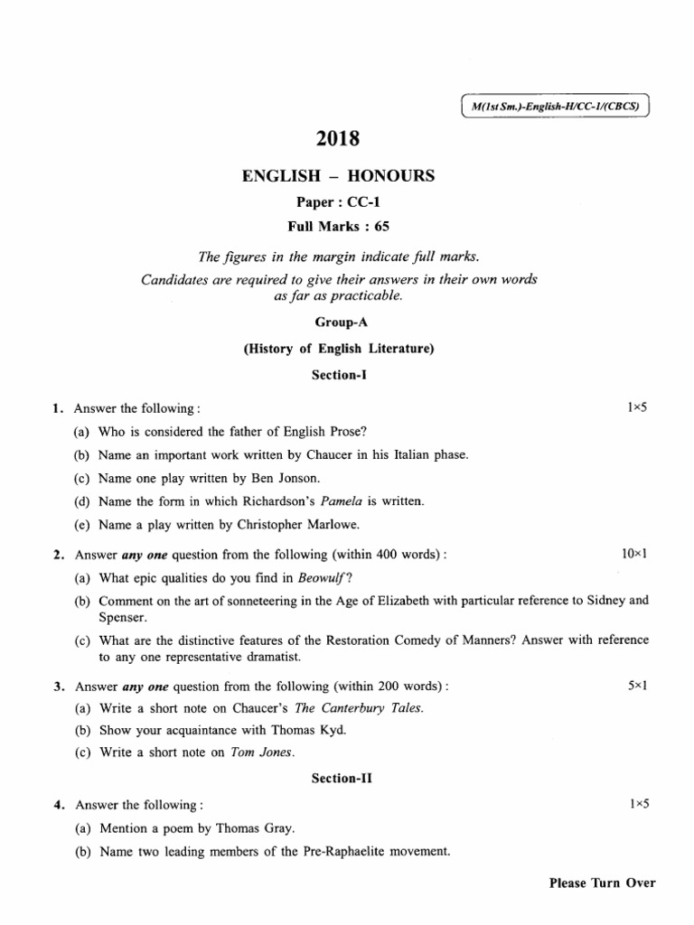 Eng H 1st Sem CC1 2018 | PDF