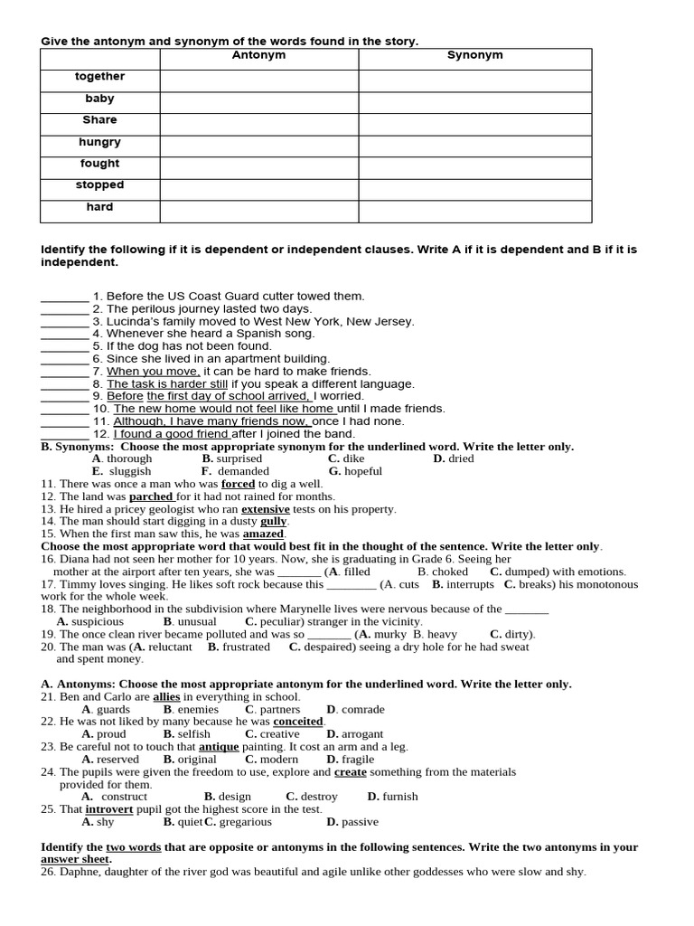Give The Antonym and Synonym of The Words Found in | PDF