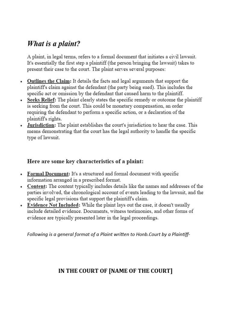 Format of A Plaint | Download Free PDF | Lawsuit | Plaintiff