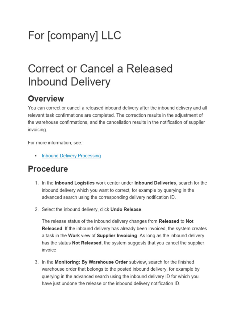 Correct or Cancell A Released Inbound Delivery SAP BYD | PDF ...