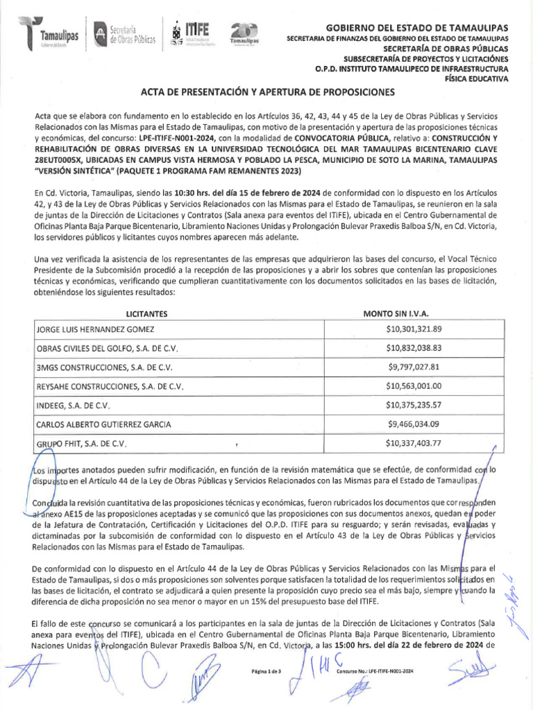 Acta de Presentacion y Apertura de Proposiciones n001 24 Itife | PDF